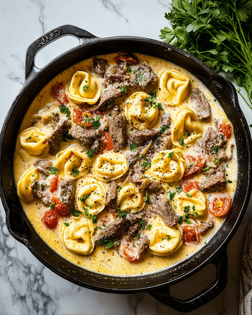 Cheesesteak Tortellini in Creamy Provolone Sauce | Easy & Delicious